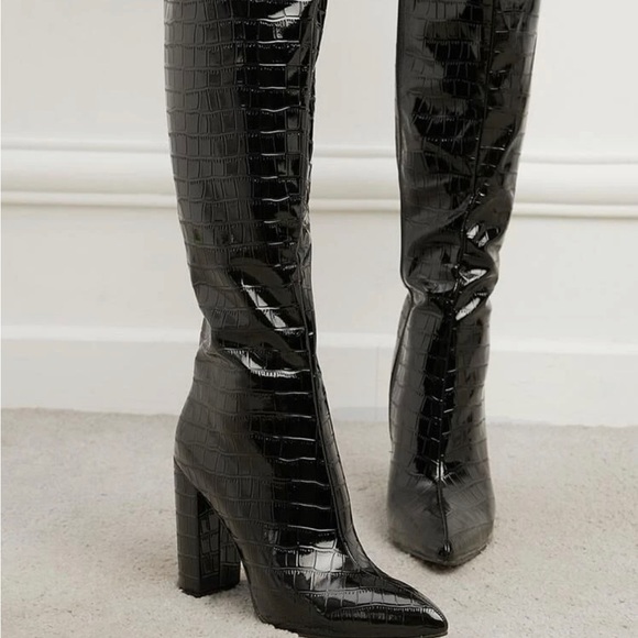 SHEIN | Shoes | Shein Croc Embossed Black Knee High Booties Brand New ...